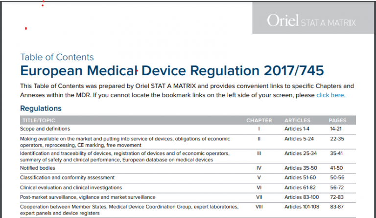 Table of Contents for the EU MDR 2017/745 – Oriel STAT A MATRIX Blog